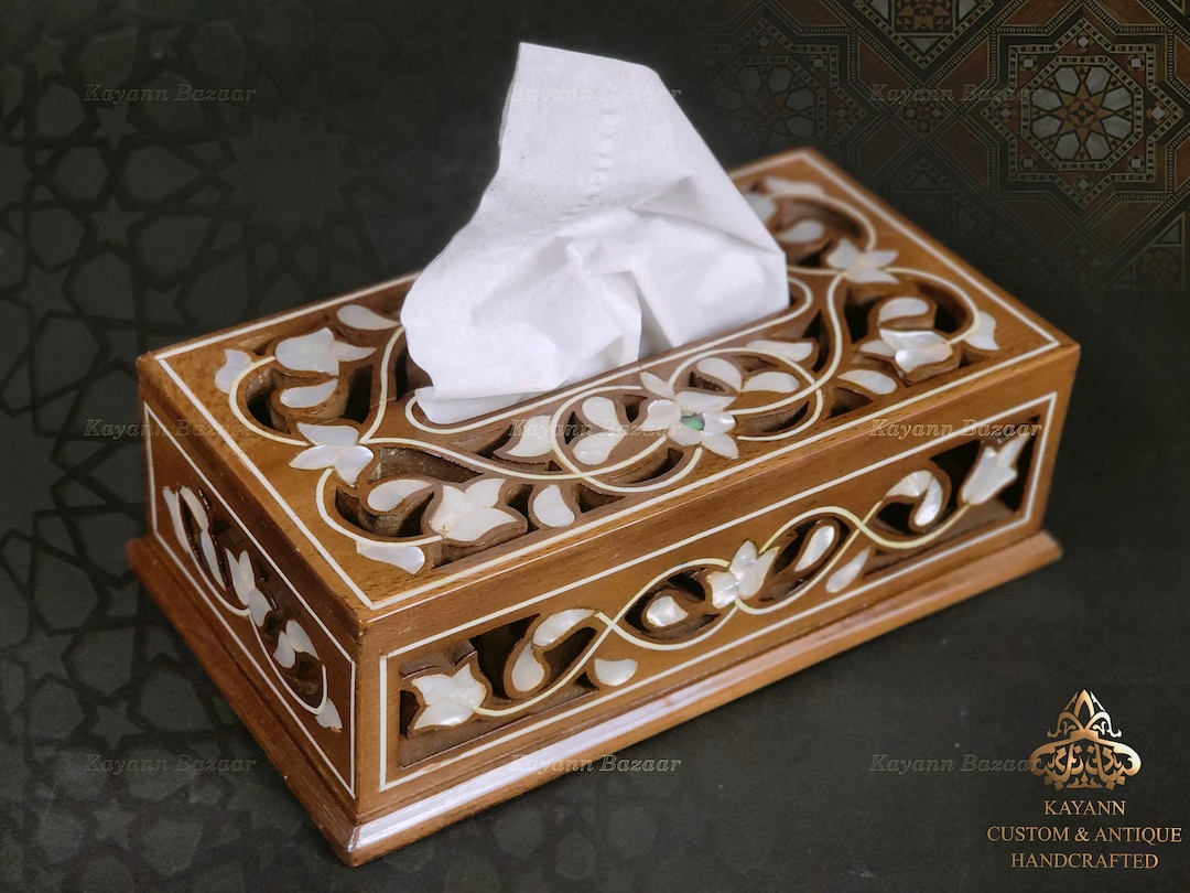 Wooden Tissue Box / Hand Carved Wood Tissues Box Inlaid With Mother of ...