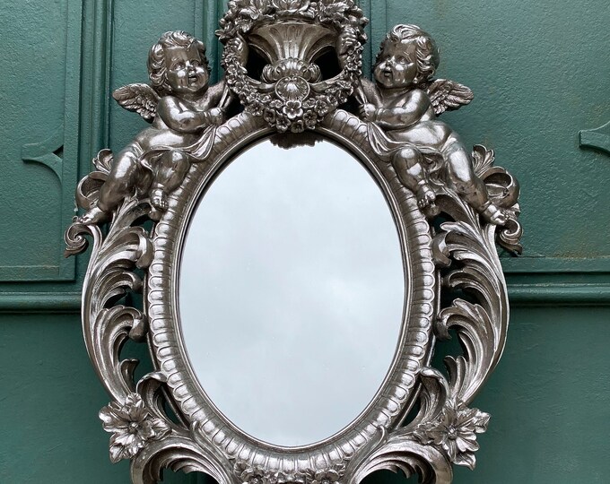 Oval Mirror in Silver Frame With Angels and Floral Motifs, Art Deco ...