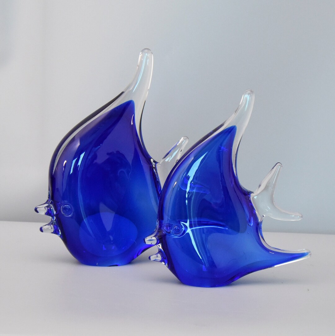 Set of 2 Blue Angelfish Glass Sculptures, Fish Statue Set Made of ...