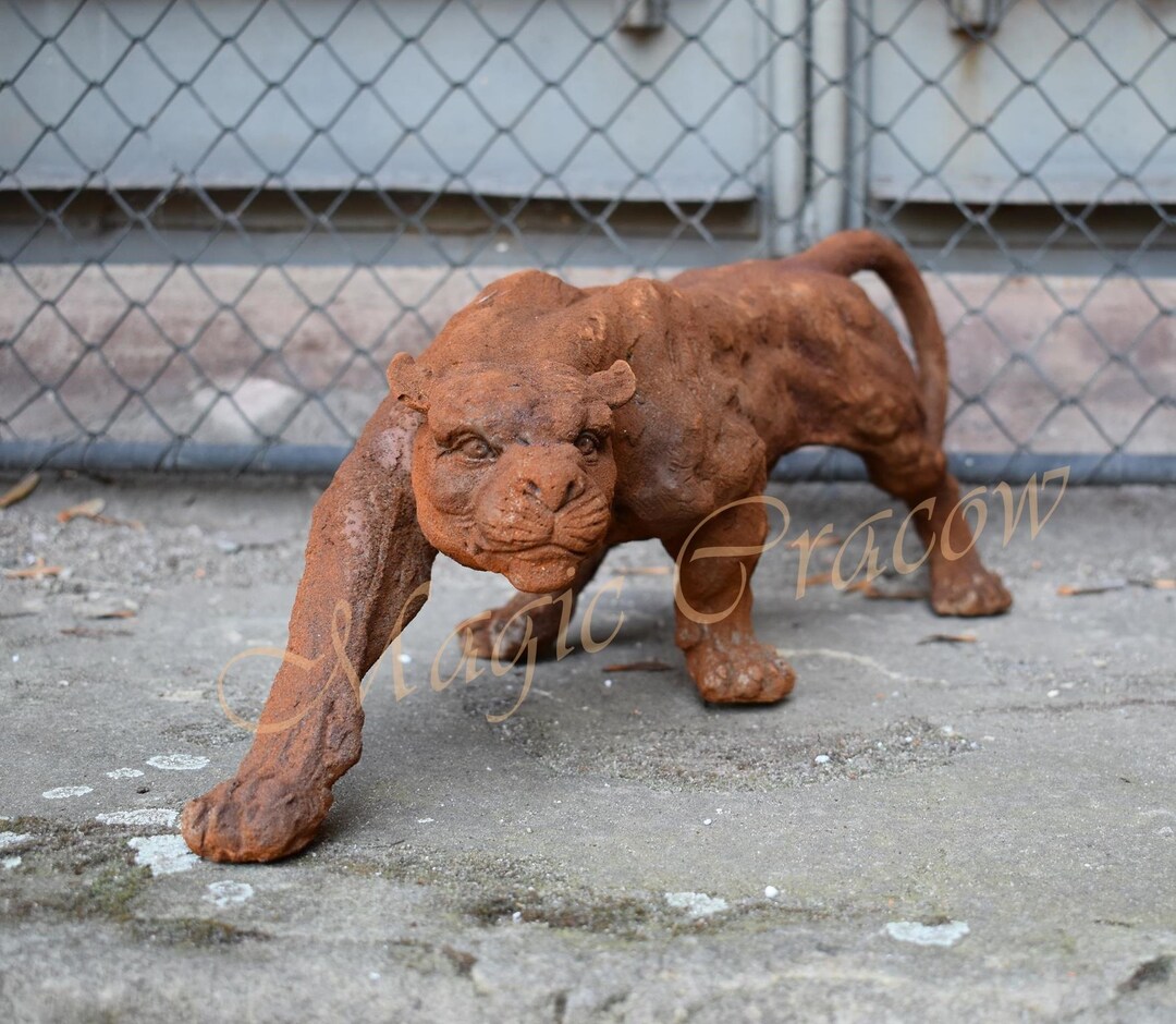 Large Panther Sculpture, Wild Cat Figurine, Vintage Statue, Rust Look ...