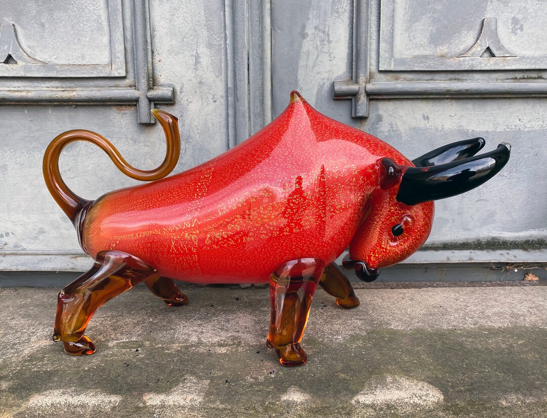 Large Bull Glass Figurine, Murano Style Glass Sculpture, Antique Home ...