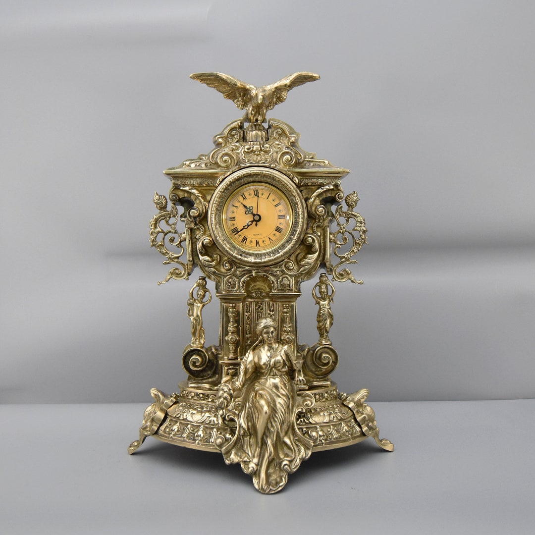 Large Brass Table Clock With Eagle and Woman, Exclusive Richly ...