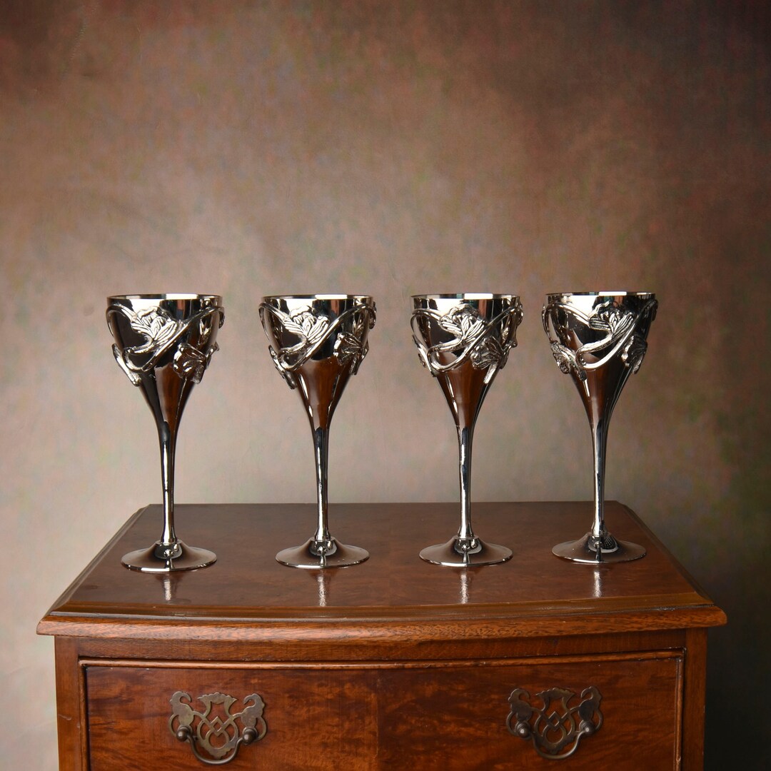 Set of 4 Unique Nickel-plated Wine Goblets, Perfect for History, Gothic ...