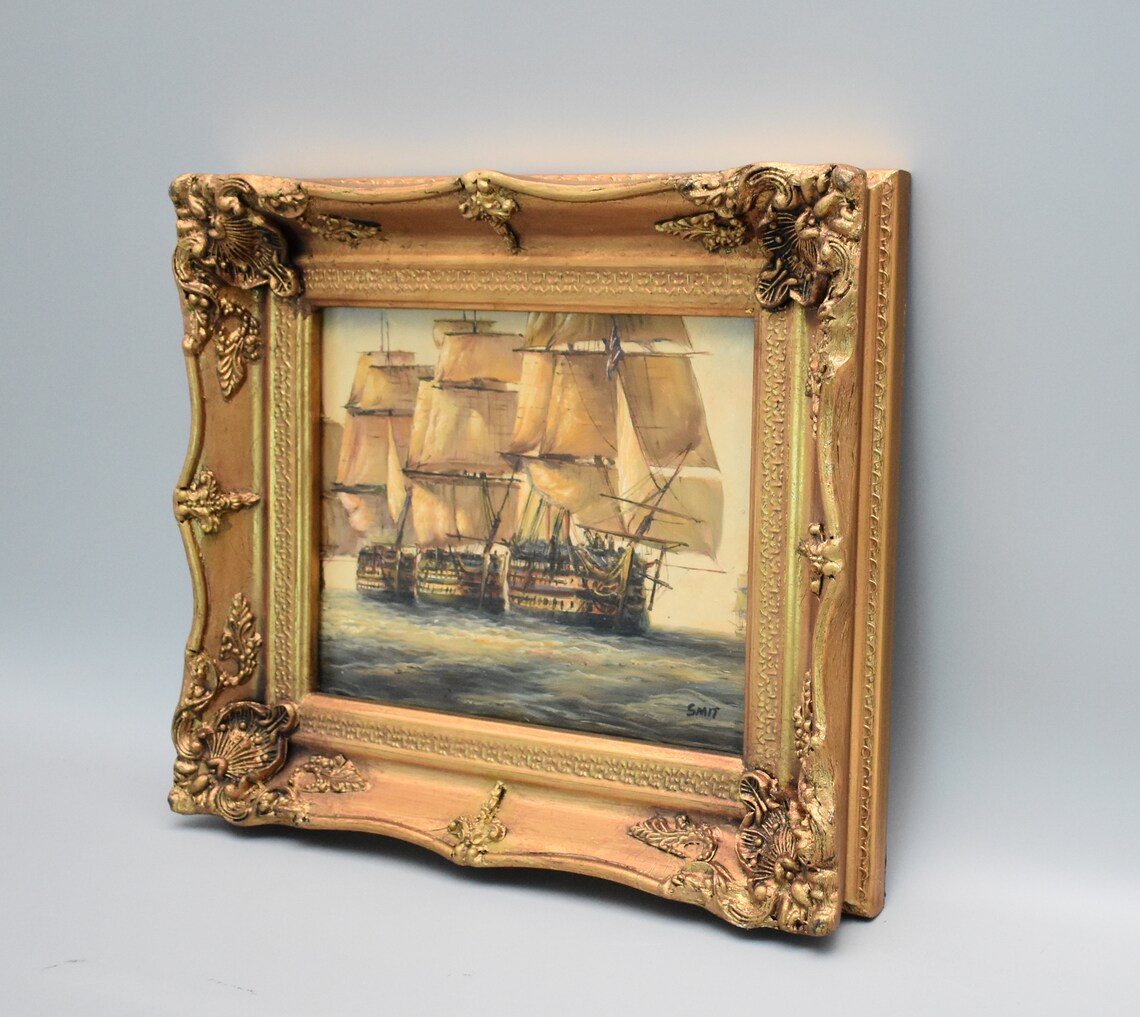 Oil Painting in Golden Frame Ships Sailing Theme Vintage | Etsy
