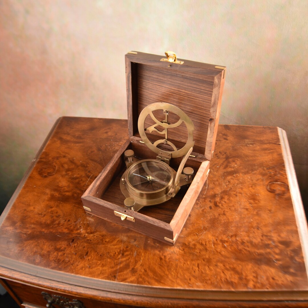 Vintage Style Brass Compass in Wooden Gift Box Nautical Sailing ...