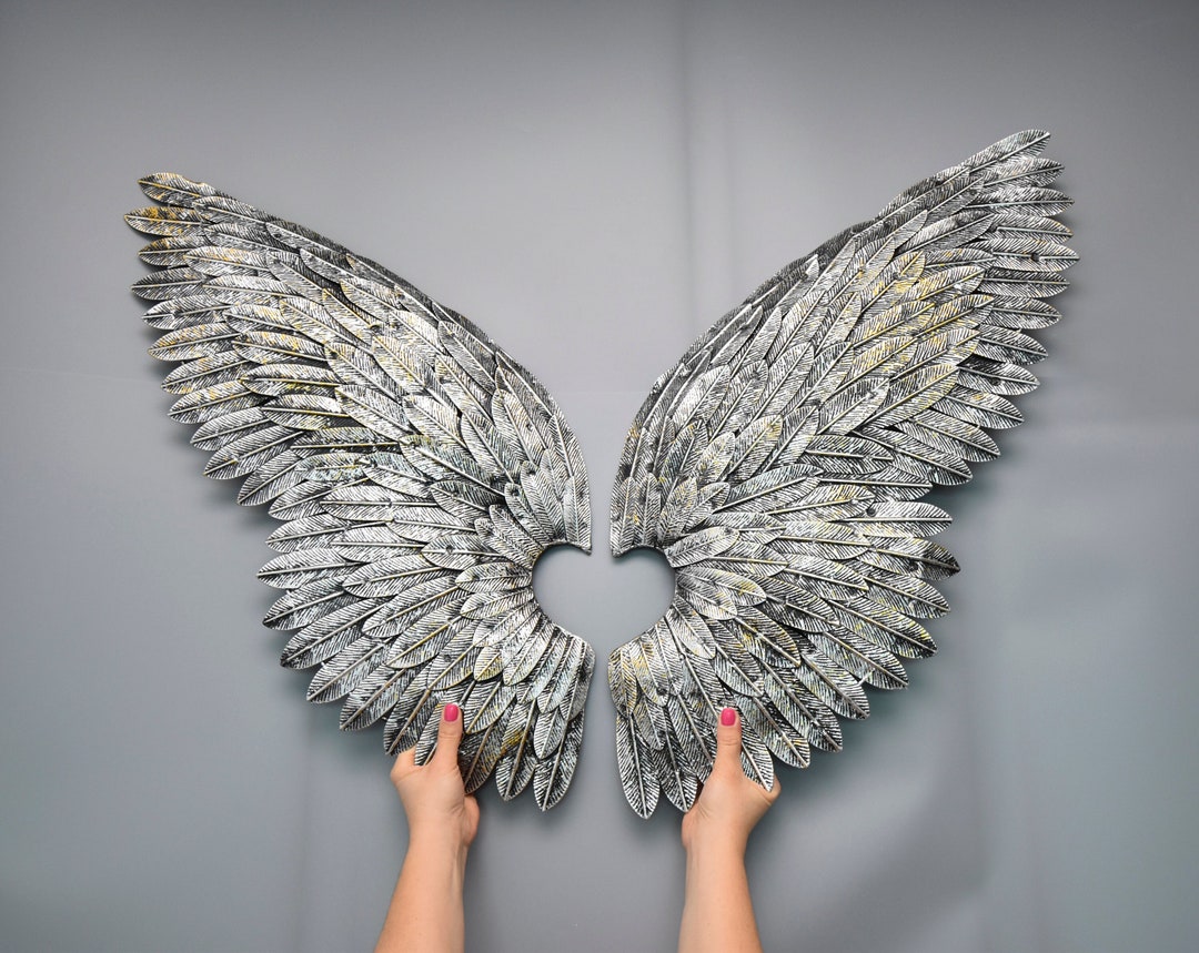 Amazing Large Wings Set, Metal Silver Wings With Heart, Wedding Hall ...