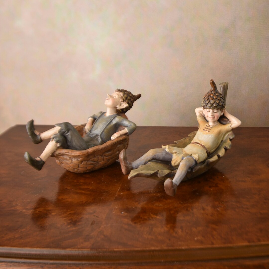 Dwarf in Nut Shell, Gnome on Oak Leaf, Set of 2 Funny Home Decor ...
