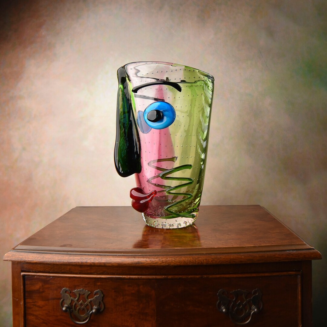 Handcrafted Venetian Glass Vase With Humorous Face Design, Big Flower ...