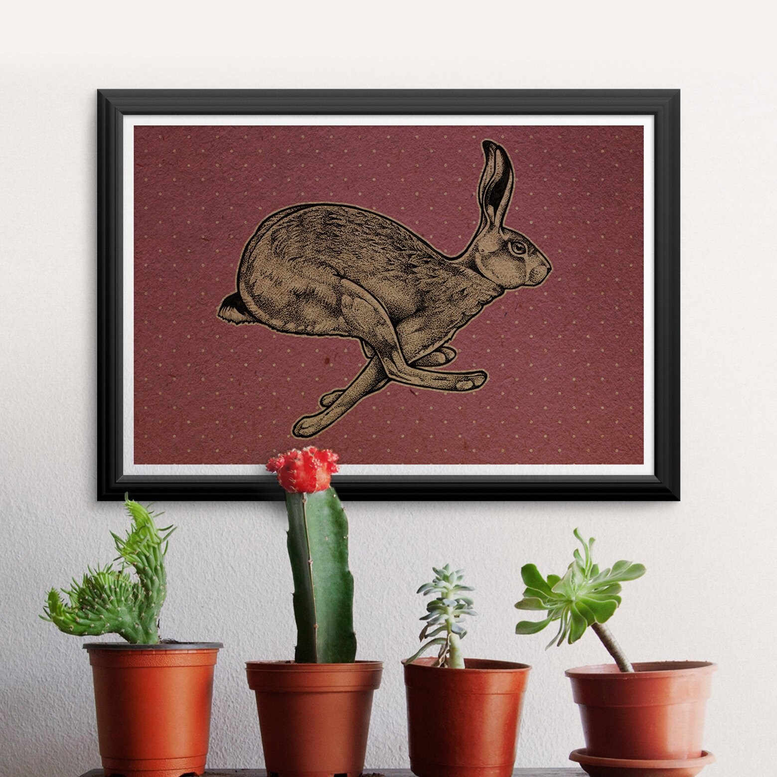 Running Hare Print A4, Brown Recycled Kraft Paper Black and Red Wall ...