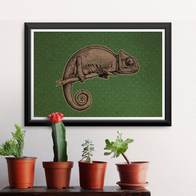 Green Chameleon Lizard Print A4, Brown Recycled Kraft Paper Black and ...