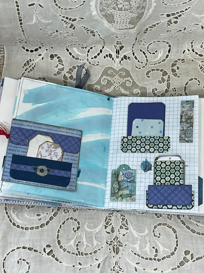 Junk Journal, Blue and White Scrollwork Journal Handmade Interactive ...