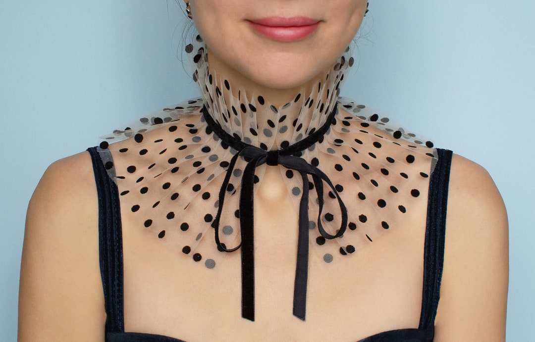 Beige Tulle Chiffon Collar: Black Polka Dot Victorian Ruffle - Etsy