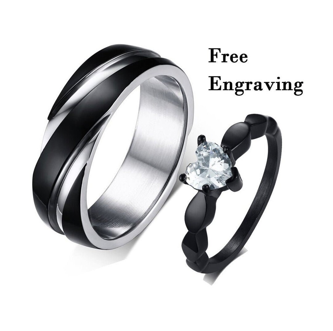 Black Couples Engraved Promise Ring Set Diamond Heart Ring Set Matching ...
