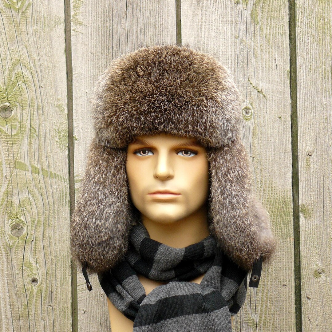 Men Fur Hat, Warm Winter Trapper Hat With Ear Flaps, Thick Handmade ...
