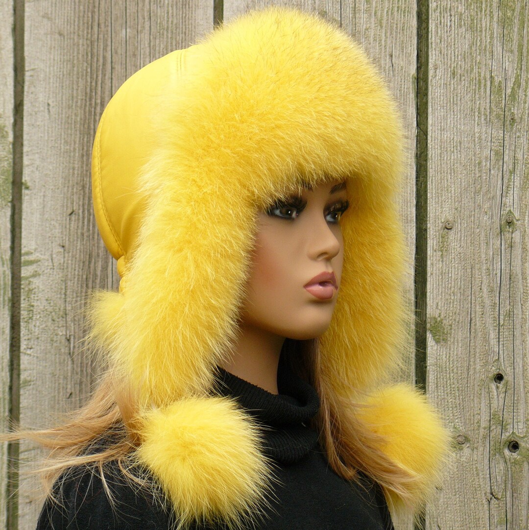 Yellow Fur Aviator Hat, Real Fur Trapper Hat Women, Ladies Fur Hat, Furry Bomber Hat, Warm ...