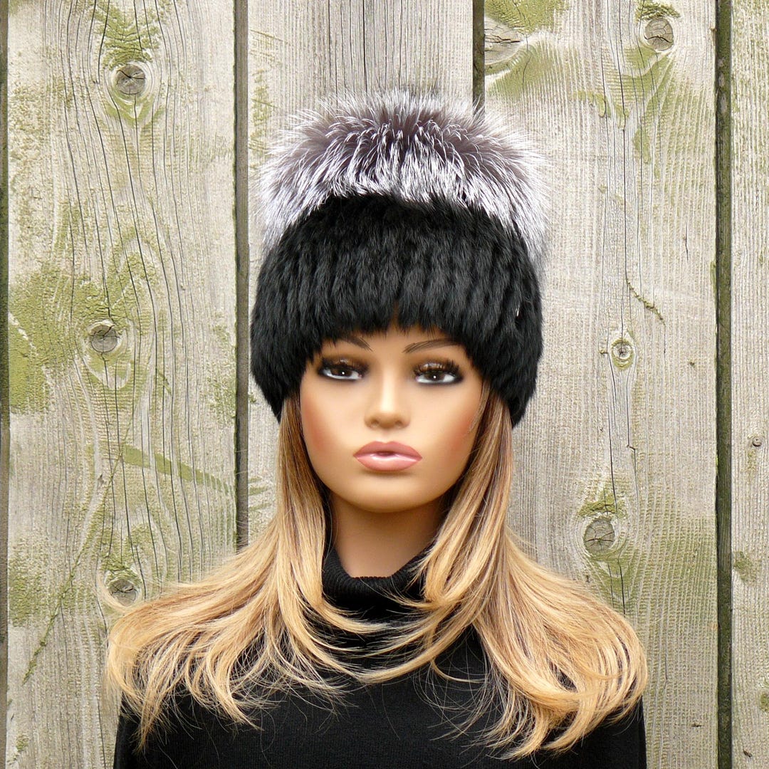 Black Rabbit Fur Hat Women, Rabbit Fur Beanie, Hat With Silver Fox Fur ...