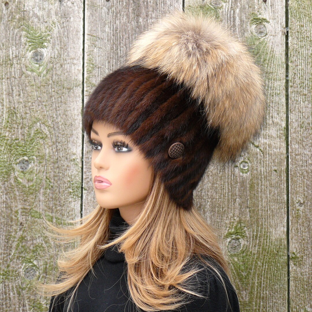 Brown Mink Fur Hat, Mink Ladies Beanie Woman, Fluffy Hat With Oversized ...