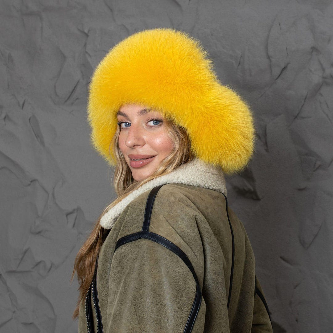 Neon Yellow Fox Fur Trapper Hat, Fluffy Ushanka With Pompoms, Real ...