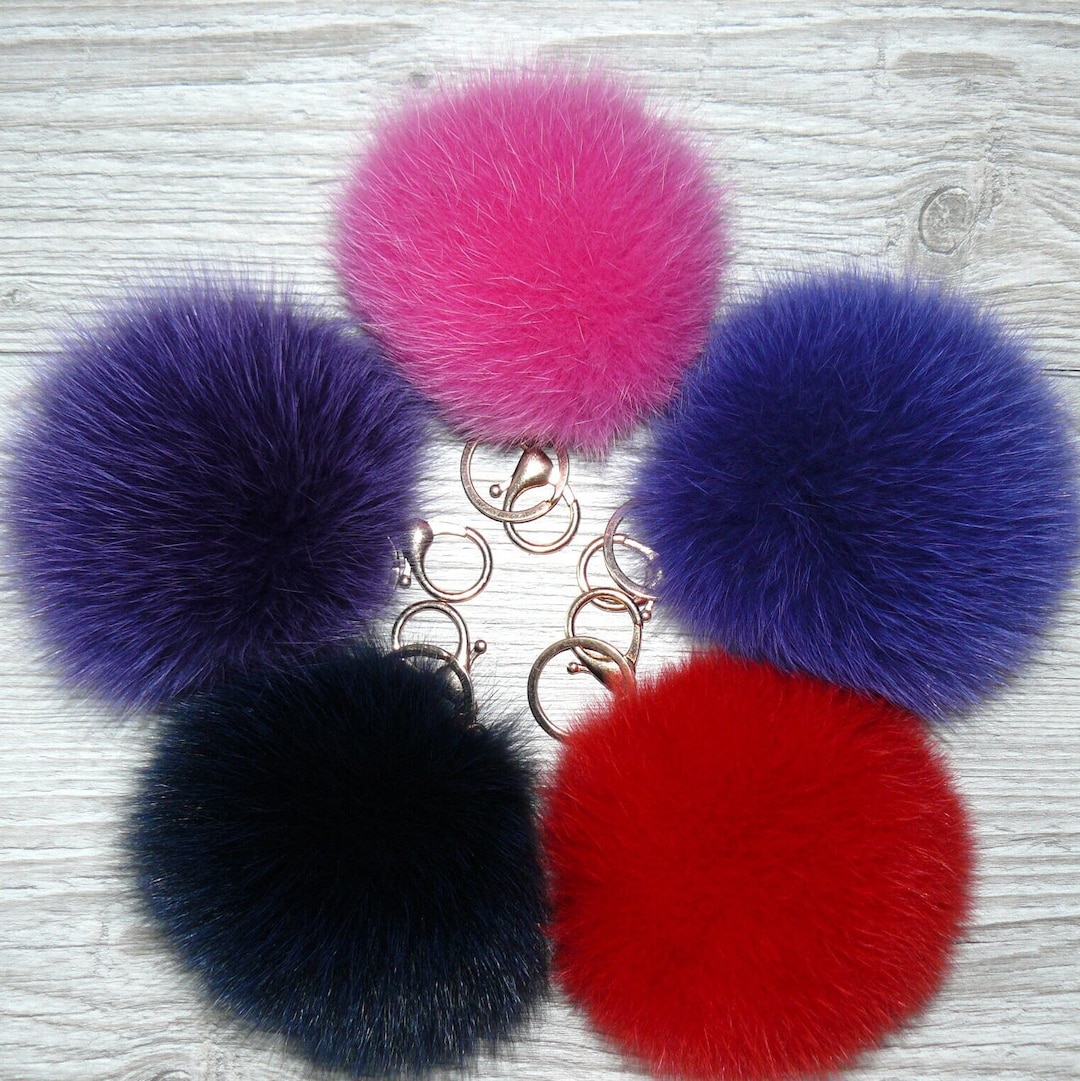 Pom Pom Keychain, Real Fur Keychain, Furry Key Ring Bag Charm, Fox Fur ...