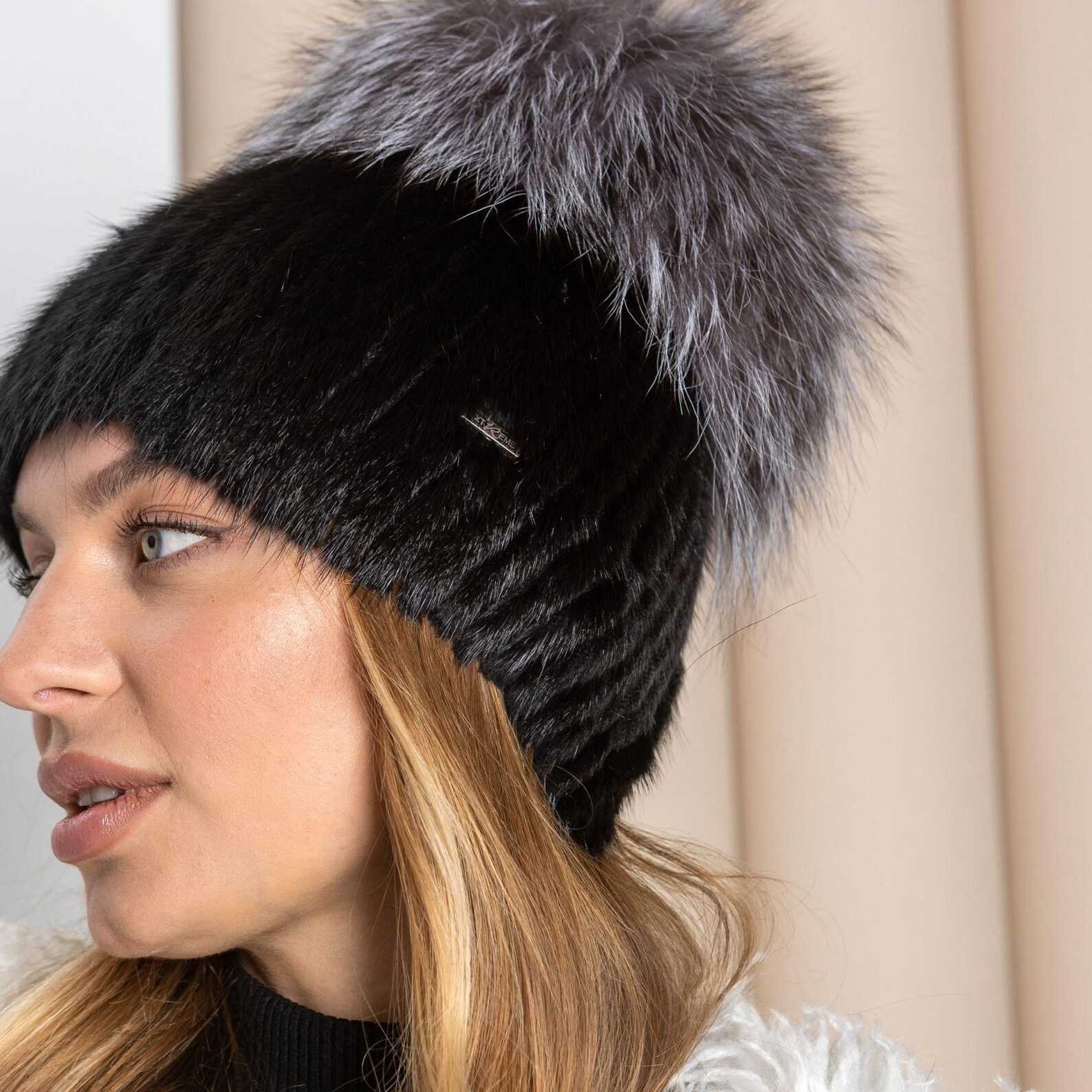 Black Mink Beanie, Fur Hat With Silver Fox Pompom, Mink Hats for Women ...