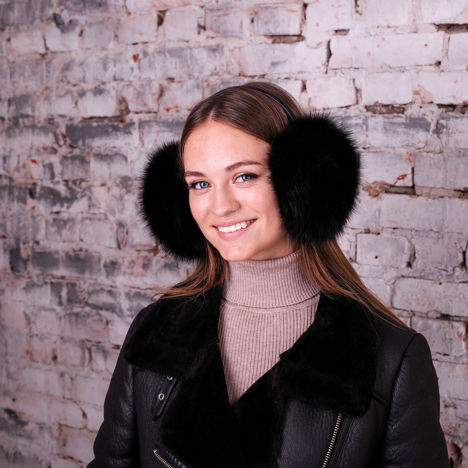 Black Fur Earmuffs for Women, Big Fox Fur Ear Muffs, Handmade Winter ...