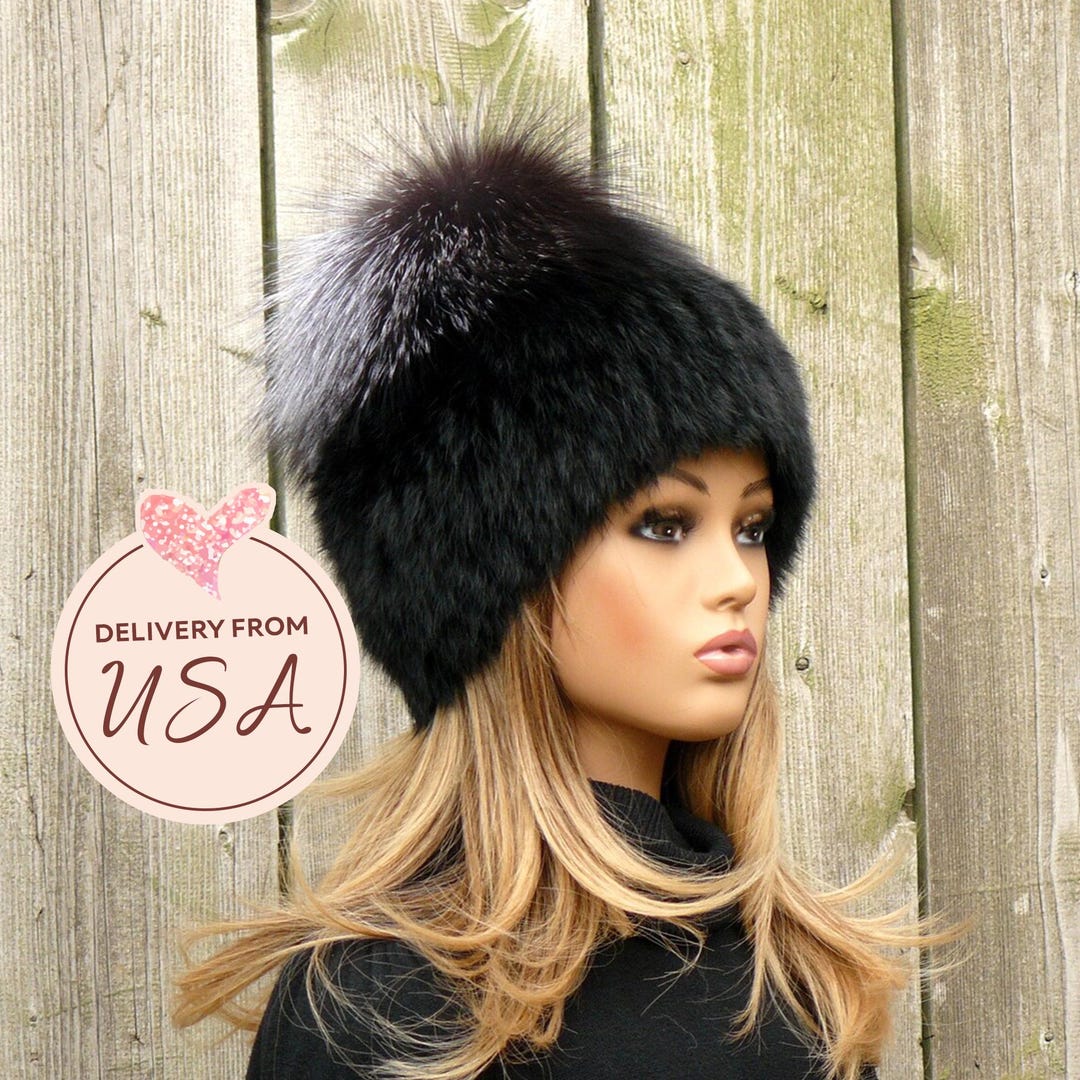 Fluffy Rabbit Fur Hat With Silver Pom Pom, Knitted Winter Beanie, Women ...