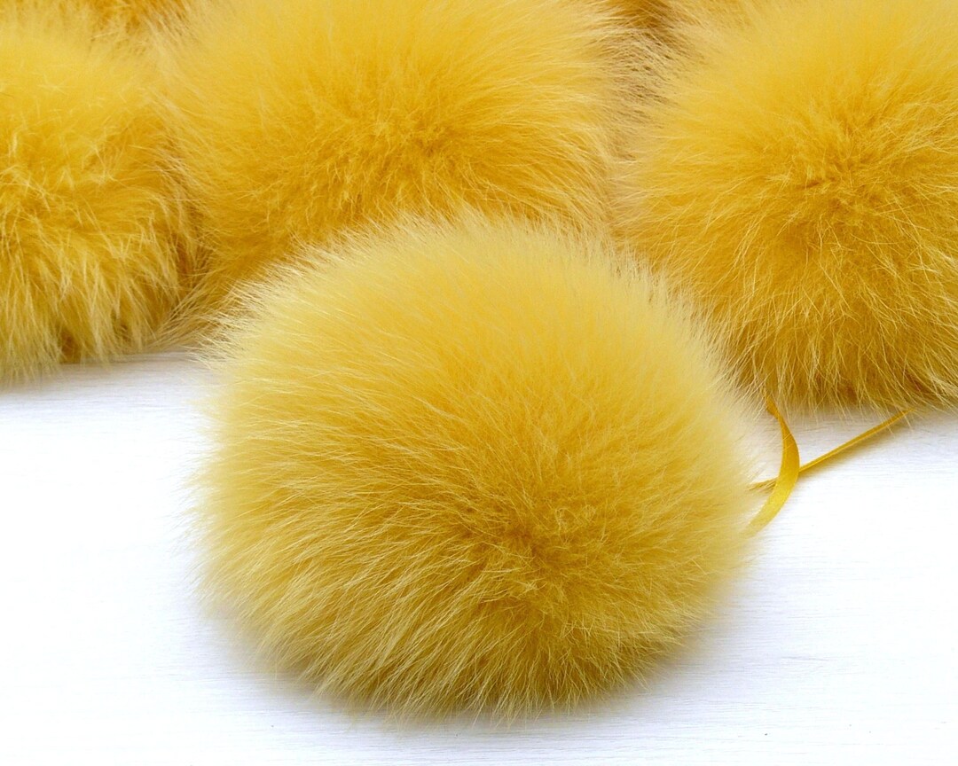 Fur Yellow Pompom for Hat, Mustard Detachable Pom Pom With Ribbon, DIY ...