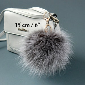 Real Fur Pompom Keychain Furry Key Chain Bag Charm Silver - Etsy
