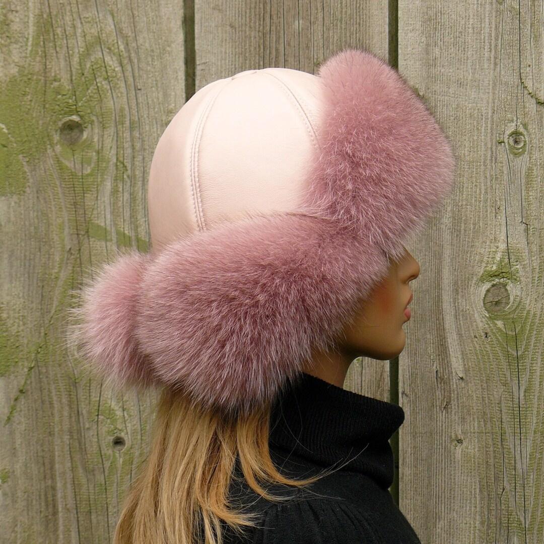 Blush Pink Fur Hat Women, Fur Trapper Hat, Real Fox Fur Ear Flap Hat ...