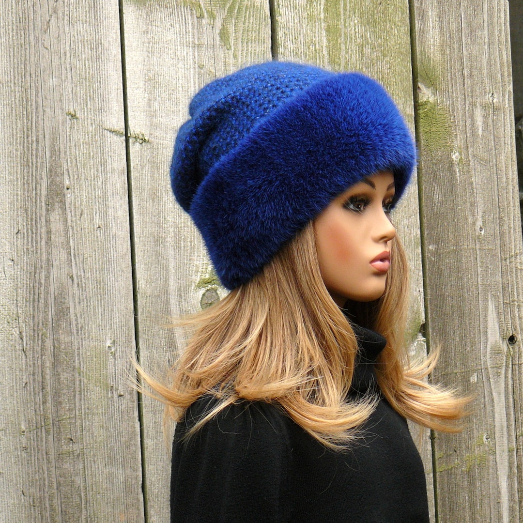 Blue Fur Hat, Fur Edged Beanie Woman, Ladies Fur Hat, Cuffed Beanie ...