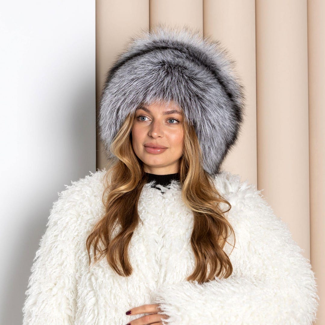 Luxury Silver Fox Fur Hat With Detachable Tail, Real Fur Winter Unisex ...