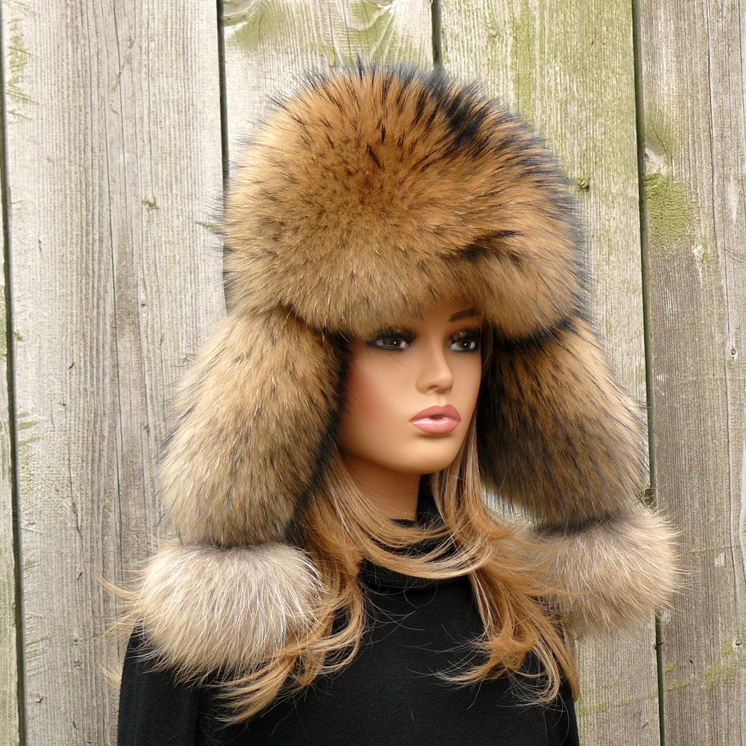 Oversized Ushanka for Woman, Real Raccoon Fur Trapper Hat Women, Fluffy ...