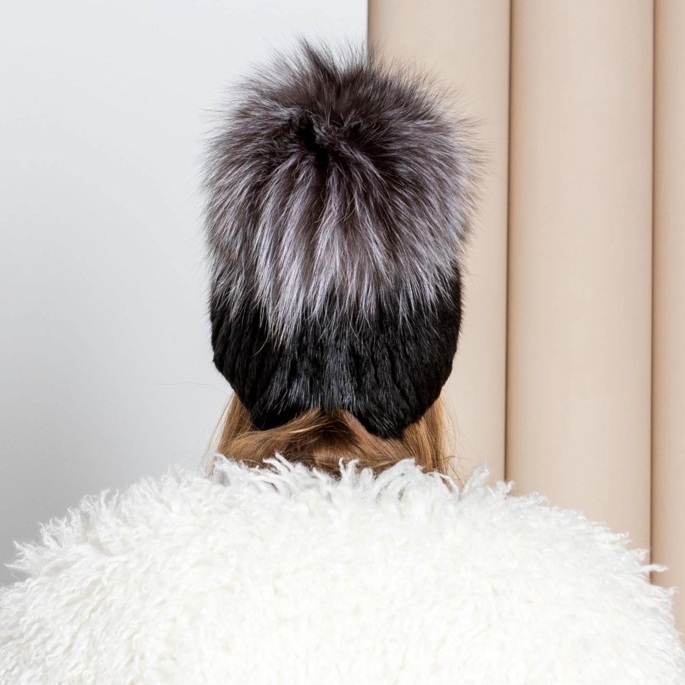 Black Mink Beanie, Fur Hat With Silver Fox Pompom, Mink Hats for Women ...