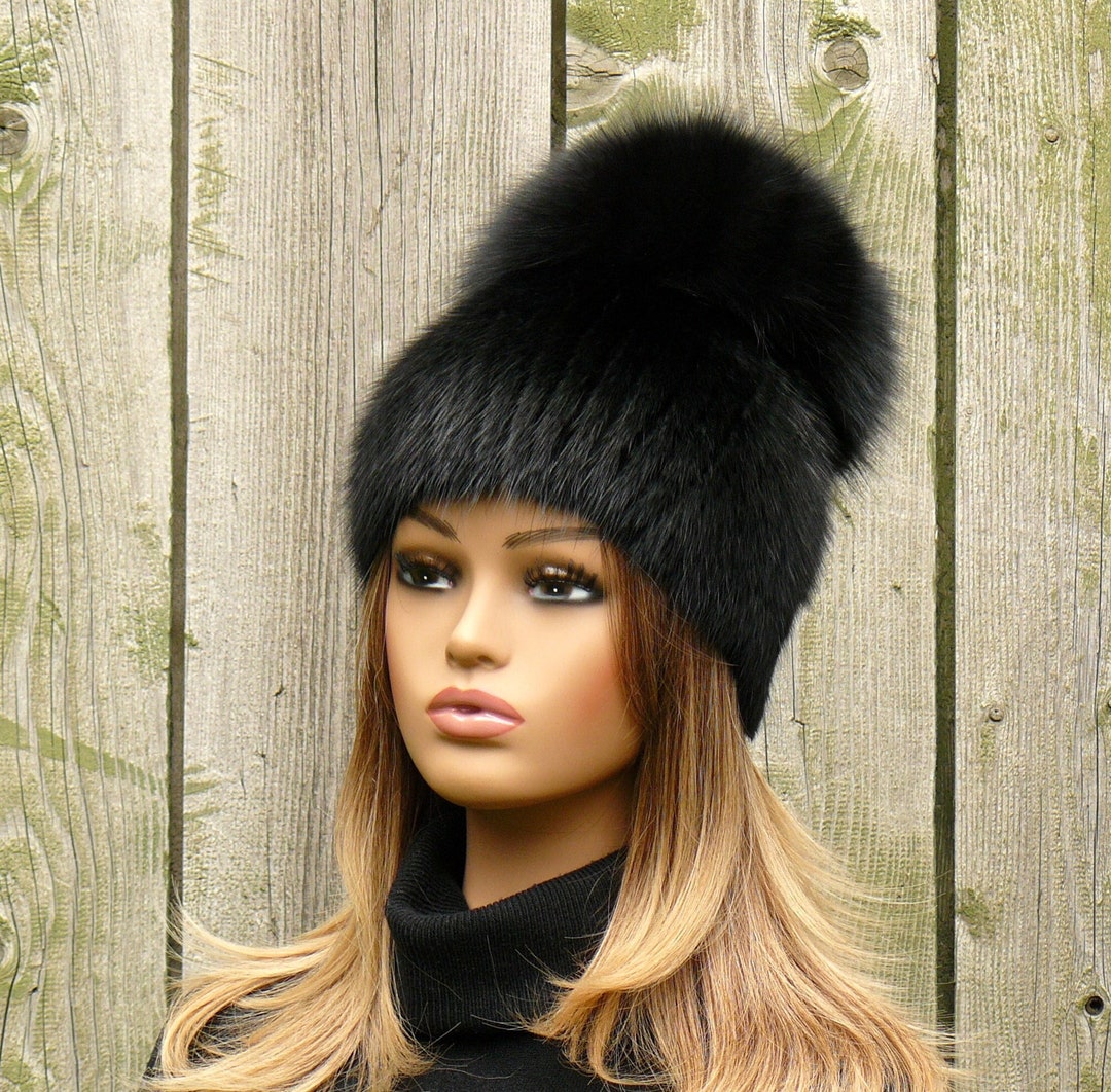 Black Mink Hat for Women, Mink Fur Beanie Hat, Black Fluffy Hat With ...
