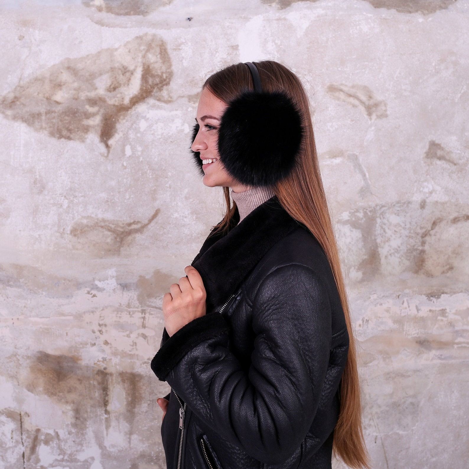 Black Fur Earmuffs for Women, Big Fox Fur Ear Muffs, Handmade Winter ...