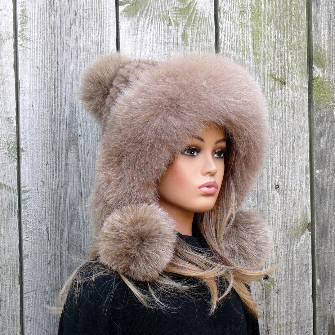 Warm Winter Fur Hood, Real Fur Bonnet With Ear Flaps, Knitted Fur Hat ...