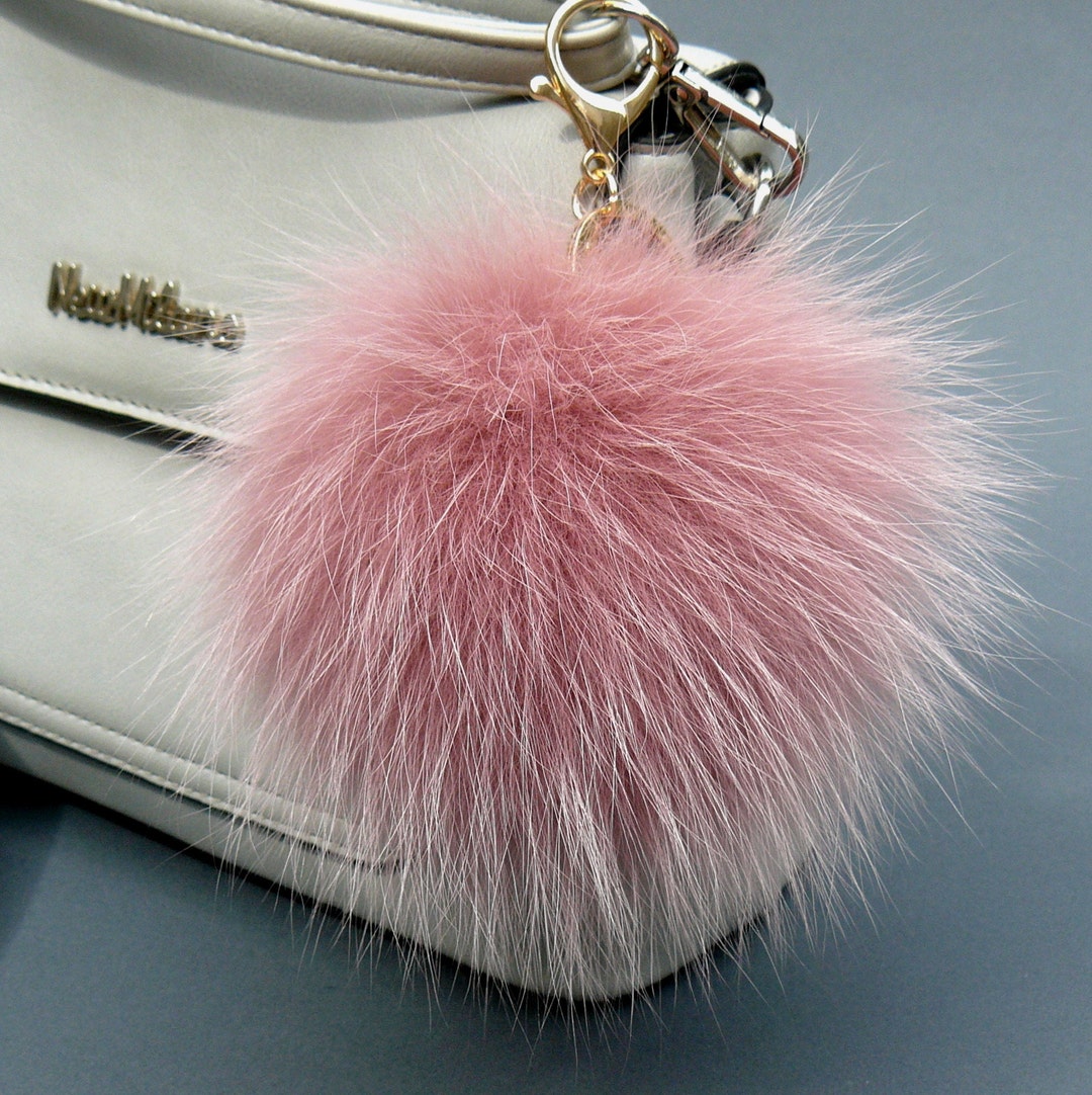 Pink Pom Pom Keychain, Rose Pink Fur Key Chain Bag Charm, Fluffy Key ...