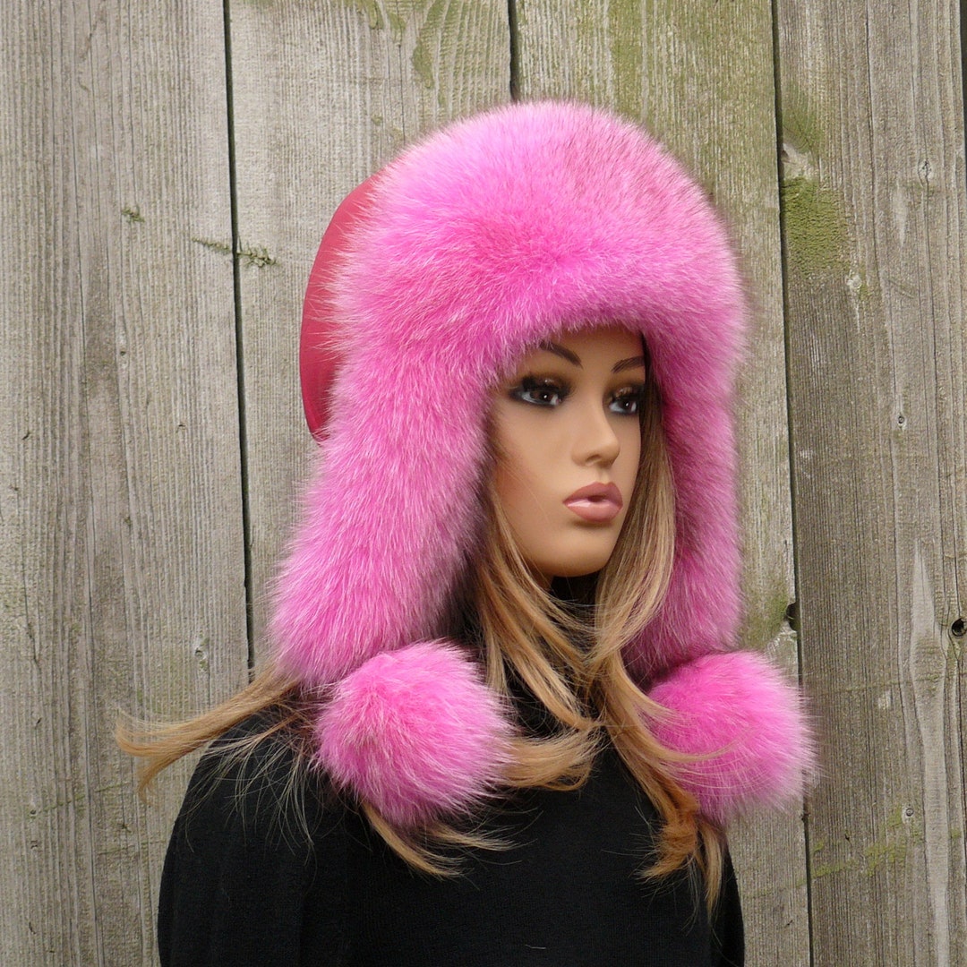 Real Pink Fox Fur Trapper Hat for Women, Ushanka Head Warmer, Fluffy ...