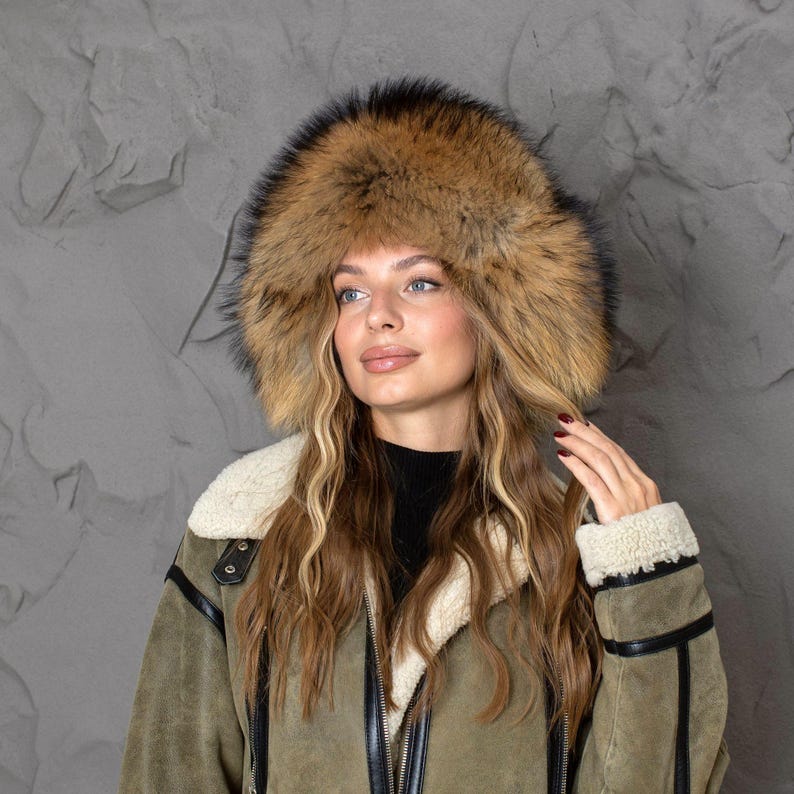 Natural Brown Raccoon Fur Trapper Hat, Women Hat for Cold Weather ...