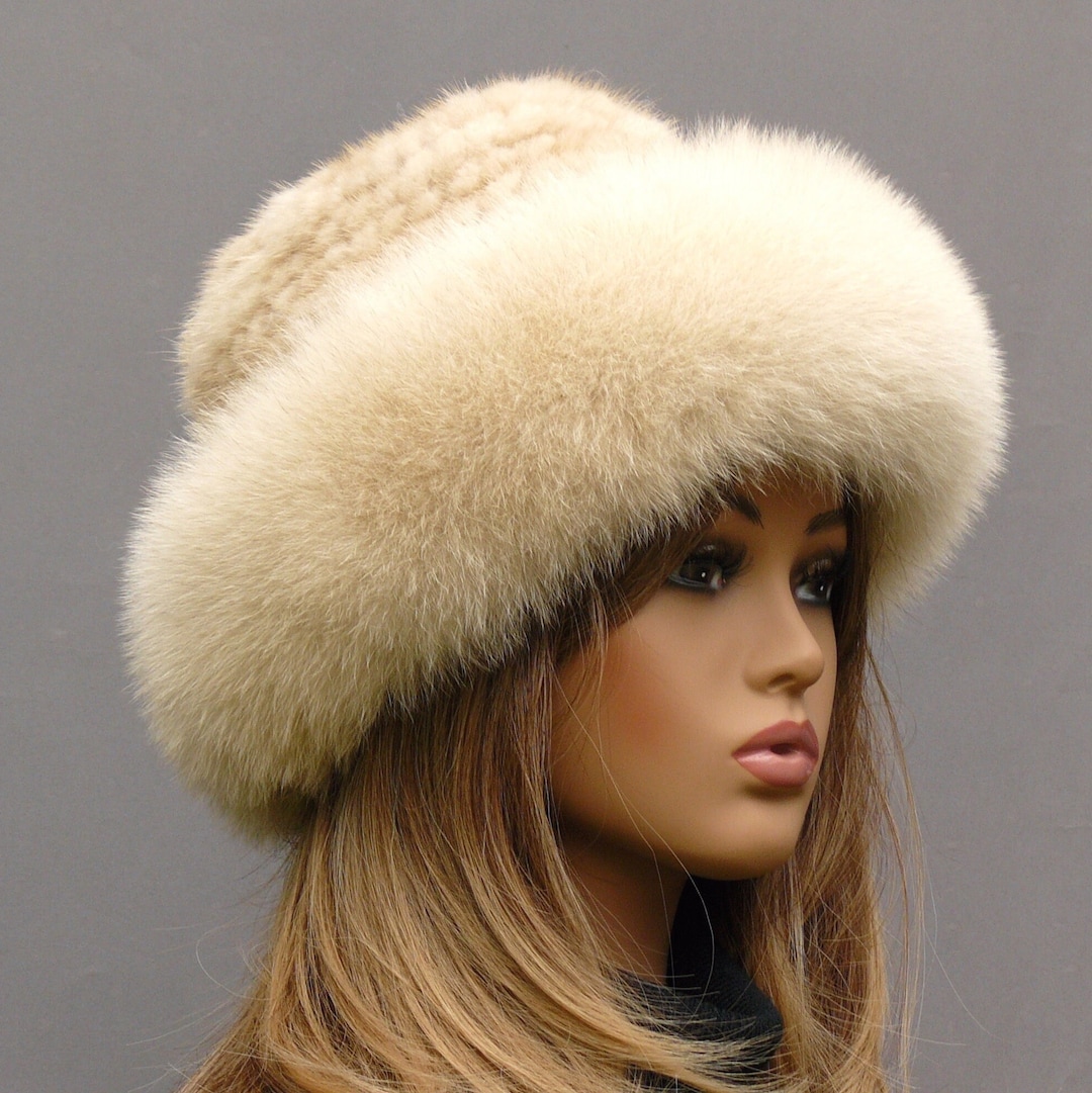 Mink Hat Women, Real Fur Knitted Hat With Fox Fur Trim, Fluffy Bucket ...