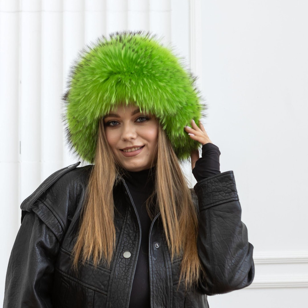 Neon Green Trapper Hat, Real Raccoon Fur & Leather Hat With Earflaps ...