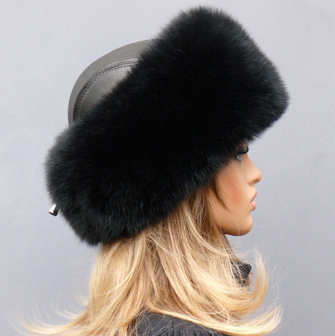 Black Fox Fur Hat Women, Real Fur Hat Flat Top, Warm Fur Pill Box Hat ...