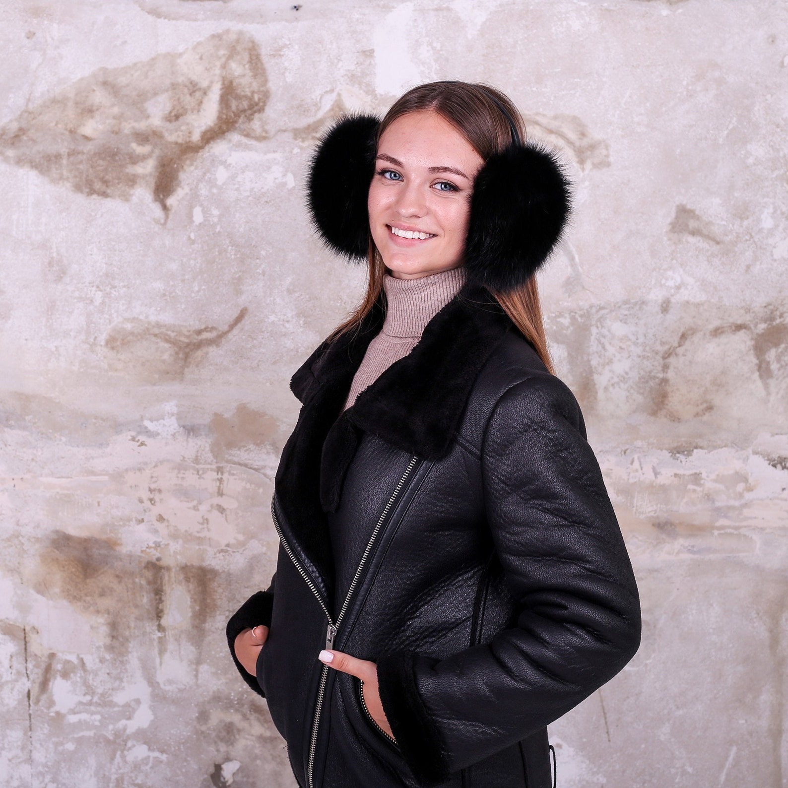 Black Fur Earmuffs for Women, Big Fox Fur Ear Muffs, Handmade Winter ...