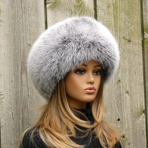 Silver Fox Fur Hat for Women, Winter Fuzzy Headwear, Flat Top Pill Box ...