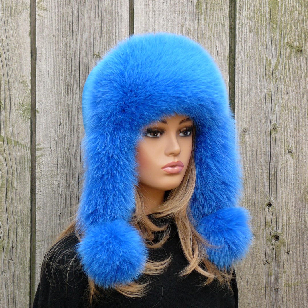 Fur Bomber Hat, Blue Fur Hat, Fur Aviator Hat, Fox Fur Winter Hat, Fur ...