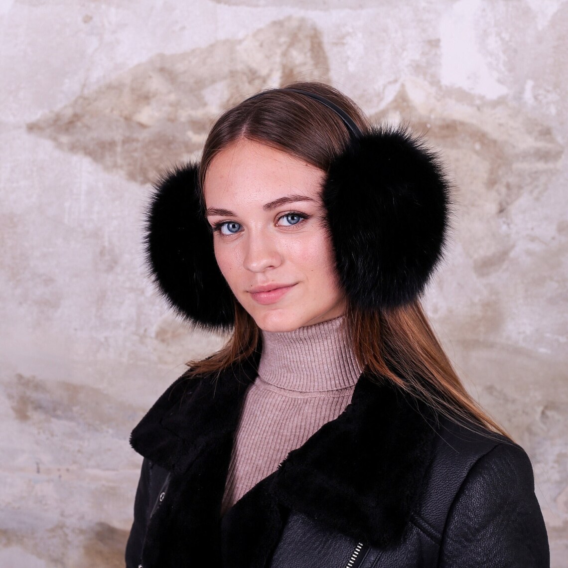 Black Fur Earmuffs for Women, Big Fox Fur Ear Muffs, Handmade Winter ...