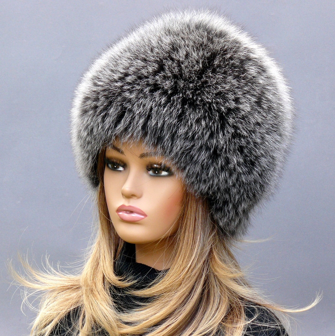 Oversized Fur Beanie Fluffy Fox Fur Hat Gray Real Fur Hat - Etsy