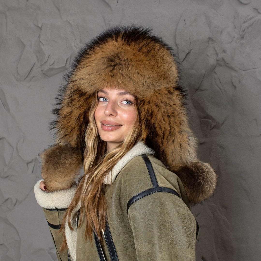 Natural Brown Raccoon Fur Trapper Hat, Women Hat for Cold Weather ...