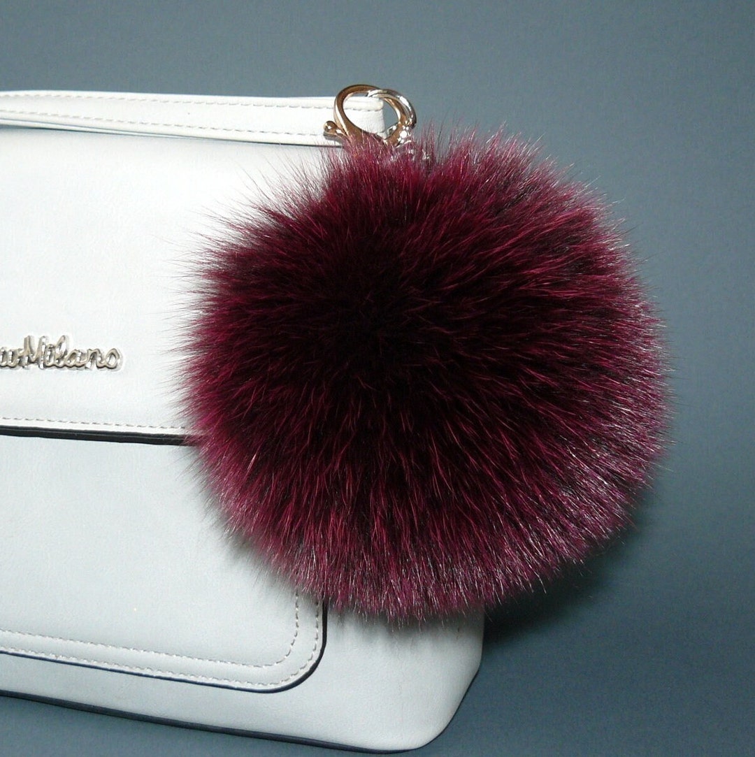 Burgundy Fur Ball Key Ring, Fur Pom Pom Keychain, Real Fox Fur Pompom ...