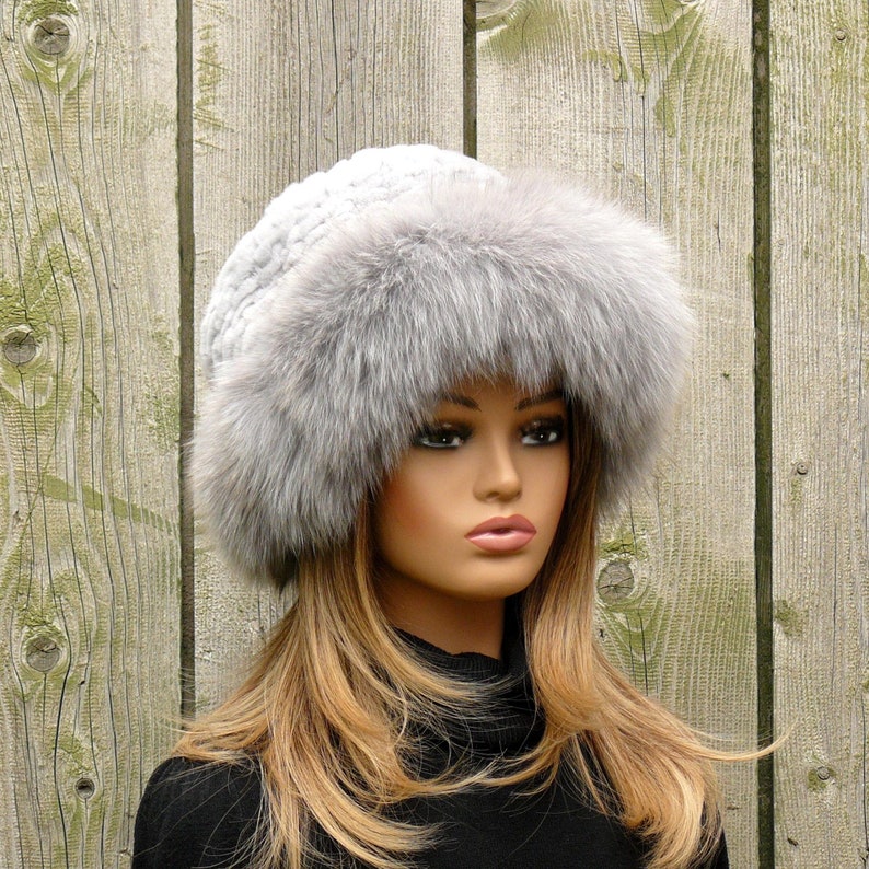 Rex Rabbit Fur Hat Fox Trim, Warm Fluffy Headwear, Winter Hat, Fashion ...